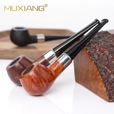 木香手工石楠根瘤斗实木烟斗木质烟具带金属环麻面喷砂石楠木烟斗