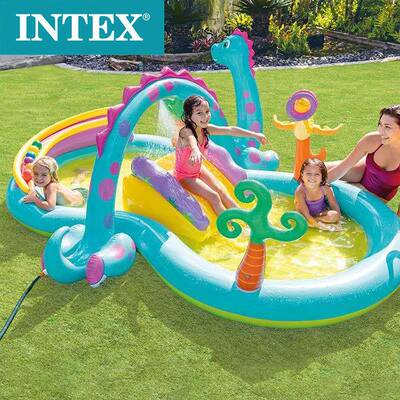 INTEX57135恐龙八字形公园水池滑滑梯充气城堡儿童戏水池喷水泳池