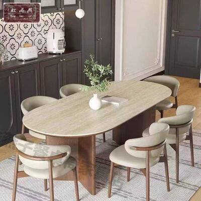木古饭复桌实法式餐桌小型家用51123组合餐桌椅椭圆形简约洞石户