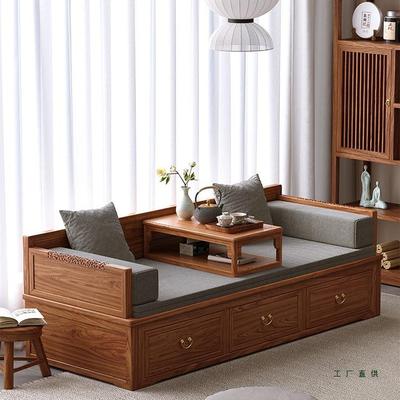 新中式实木发床白沙蜡木罗汉床54001夏两推拉伸缩用带冬抽屉一体