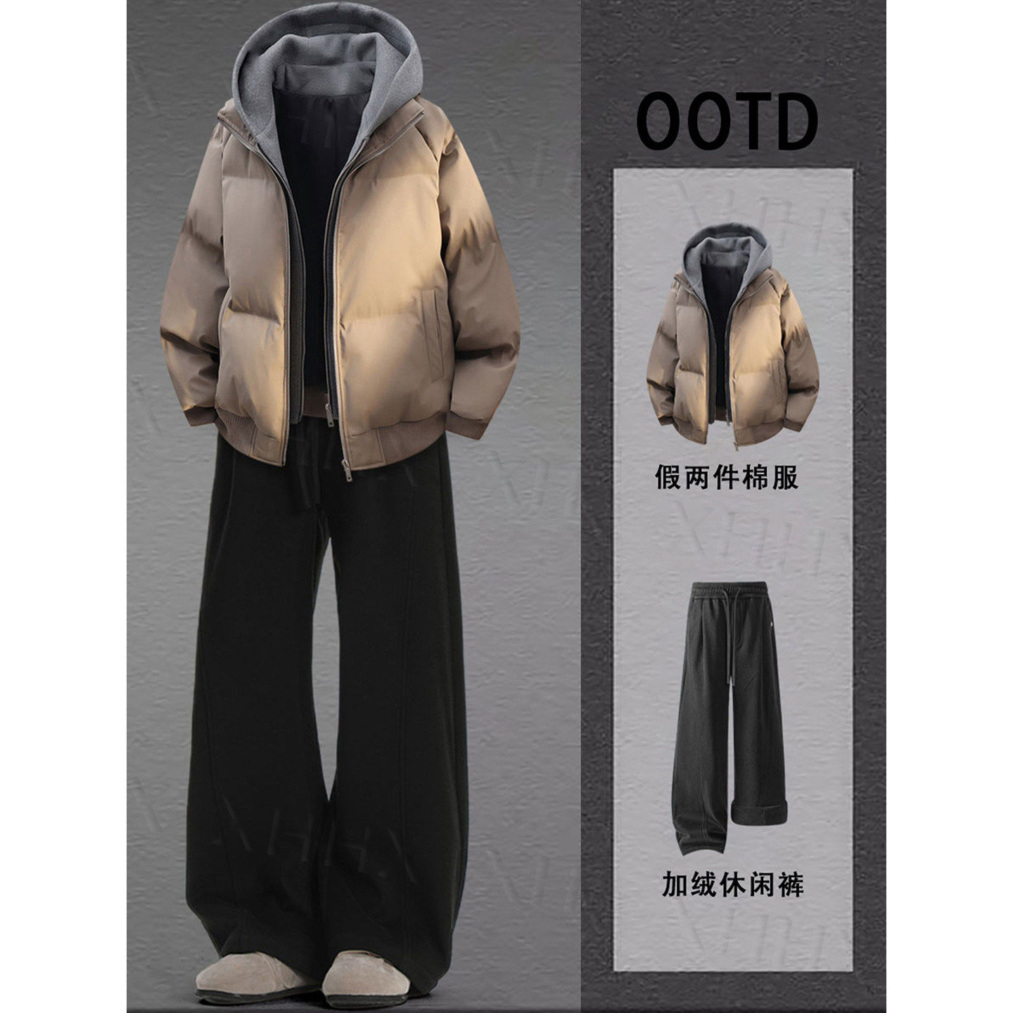 假两件pu皮短款羽绒棉服男冬季穿搭一整套高级感连帽厚外套面包服