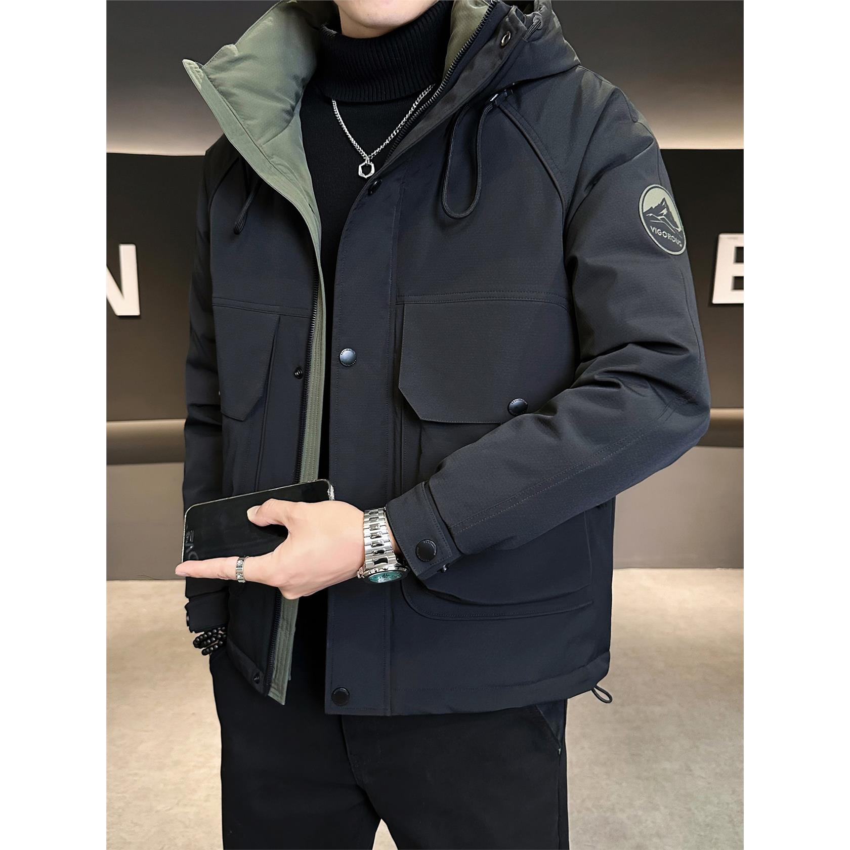 90鹅绒羽绒服男冬季2025新款潮牌高级感户外休闲情侣连帽工装外套