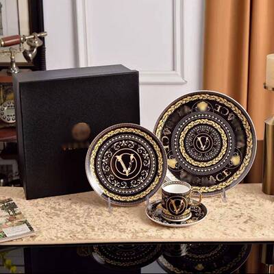 欧式轻奢复古V圆西餐盘咖啡杯陶瓷形家烫金圆盘酒店牛盘用餐OCR排