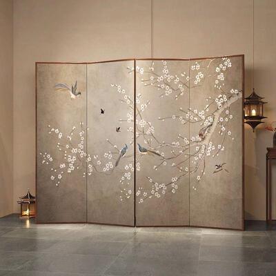 花鸟屏风隔客厅断新中实木折GXE叠移动室内家式用可订门办公室进