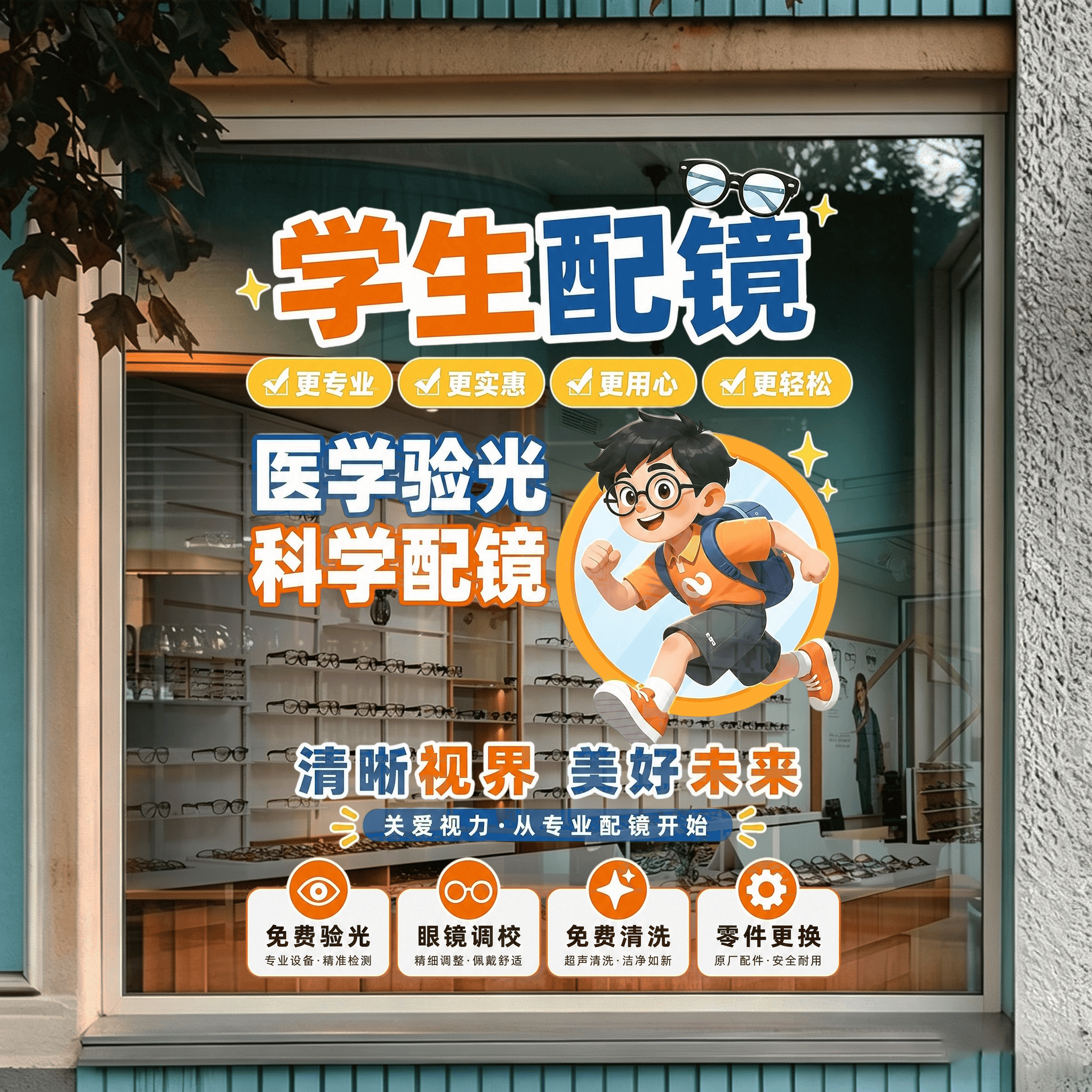 眼镜店玻璃门广告贴学生配镜验光蔡司镜片橱窗布置装饰海报玻璃贴
