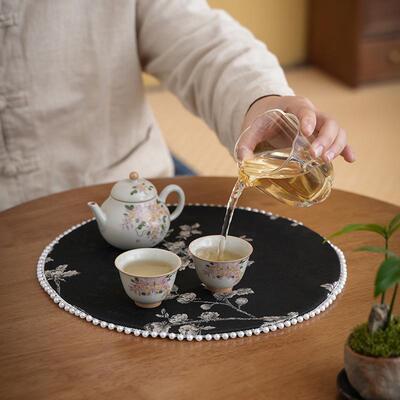布织锦轻茶白梅布艺茶席杯垫双面带珍珠奢茶桌73605垫茶台垫子干