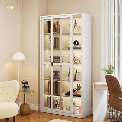璃家QT-4411用制书柜带锁推拉门防尘玻层展示柜多落地书架钢落地