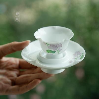 手绘白瓷铃兰花高脚杯碟家用陶瓷花口杯茶杯品茗杯花瓣主人杯单杯