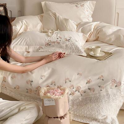 唯美法式少女心100S澳棉纯棉四件套花卉刺绣全棉被套床单床上用品