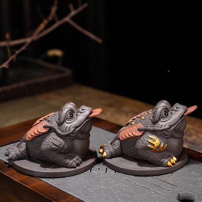 坐镇招财小貔貅紫砂精纯品茶玩摆件可养手茶工三DIQ足金蟾茶宠道