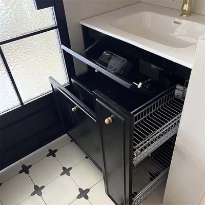 法式复古风橡木黑色烤漆浴室柜组合卫生间洗漱台陶瓷一体盆洗手盆