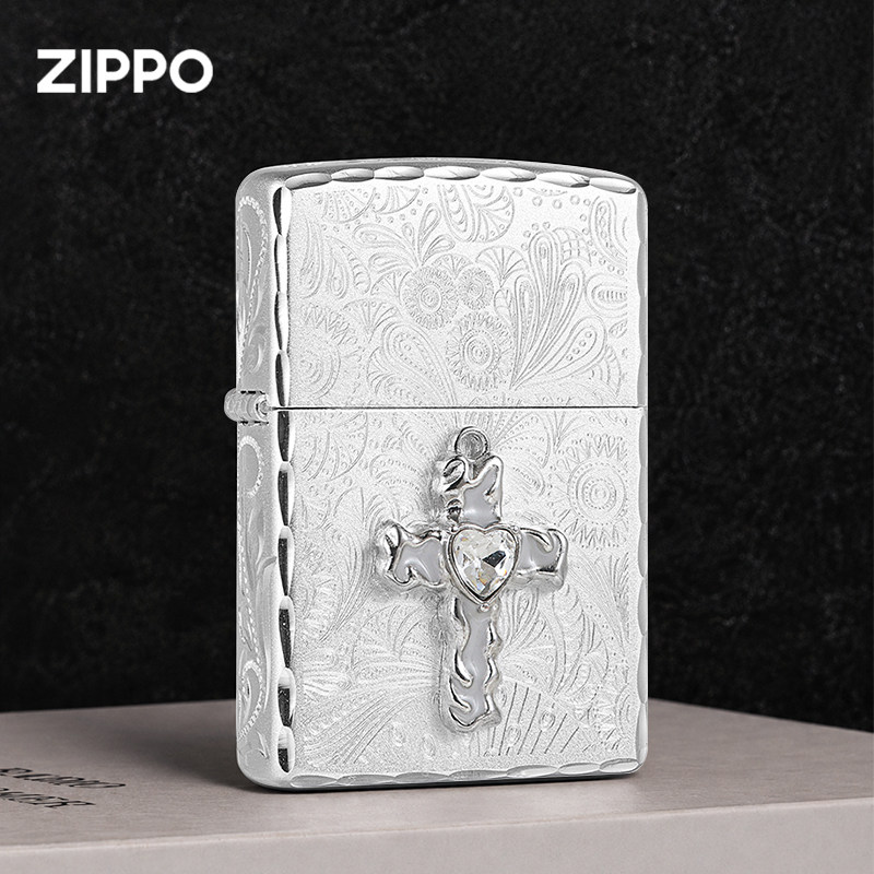Zippo防风煤油打火机官方正品爱心十字架手雕咬边送男友礼物