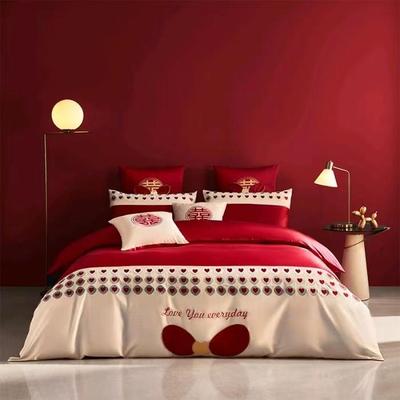 高端婚庆40支长绒棉JFR-0127花结婚四件套全贡棉缎大红1六件套/十