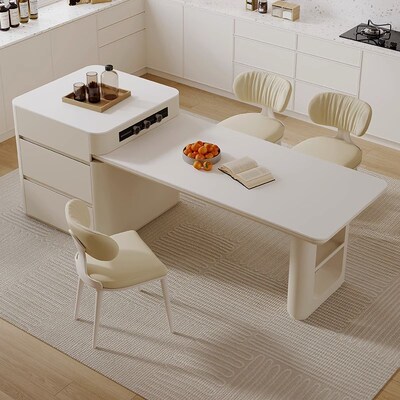 奶油风岩板岛台实木餐桌一体小户型伸缩导台多功能带茶几倒台家用