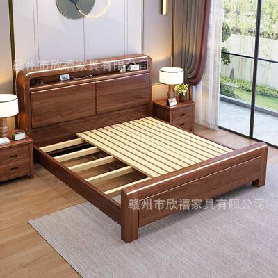 中式金丝胡桃木色卯实木002床主卧榫1.82米单双人床家x储物用婚床