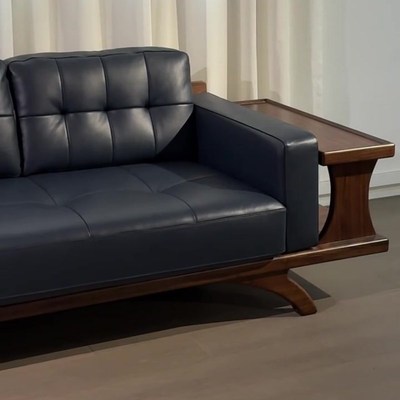2025客厅实木沙发真皮黑色双人位宋氏美学高端轻奢现代简约直排