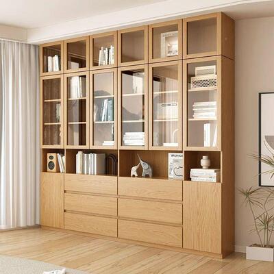 实木书柜ZFZ墙带玻璃门展示柜客厅一体靠儿书置架童落地实木物架