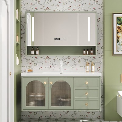 法式绿色橡木烤漆洗手洗脸盆柜组合陶瓷盆实木卫浴柜洗漱台一体盆