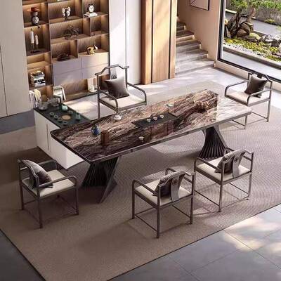 VSX轻奢岩合板茶一台现代极简办公室茶桌板高端大茶桌椅组烧水壶