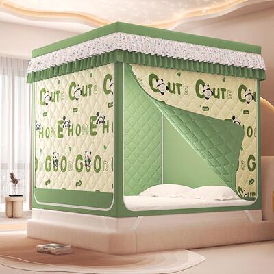 2025新款2507印花夹棉遮光保暖坐床蚊帐 120x190x170加厚烤漆夹棉