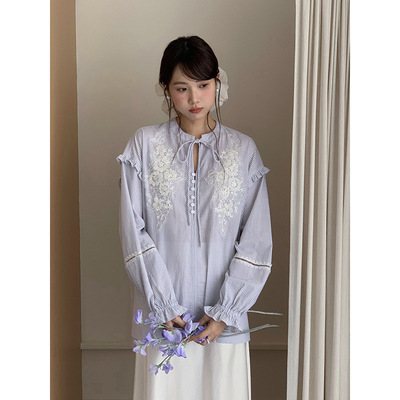 【巨重工 落日灯塔】法式复古刺绣衬衫女春季新款长袖上衣T1971F