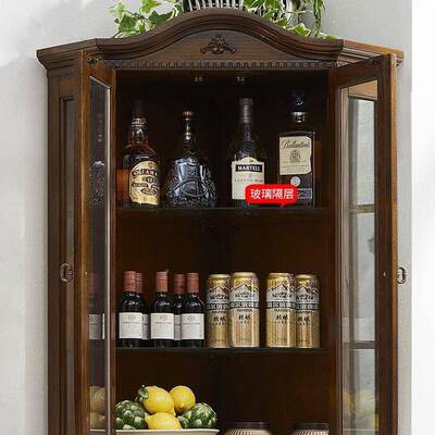 美式带转角灯柜墙柜客厅QTU全实木置物古柜酒柜复拐角柜玻角璃三