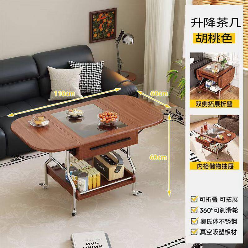 中古风可折叠茶几边几可移动收纳家用小户型客厅移动圆桌阳台推车