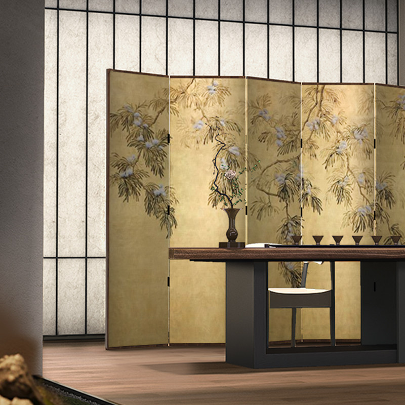 中式古典花鸟屏风隔断客厅玄关装饰茶室酒店办公室背景墙实木折屏