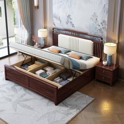 主乌木实木床新中式别墅高OLH端家具软卧1.5米1.8m双人床靠储金物
