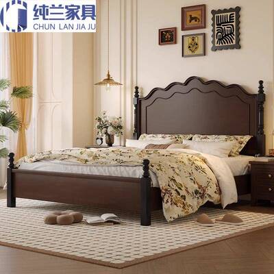 中古风全实木床床1古HT-1002.8美米双人床主卧婚储物式轻奢床复黑