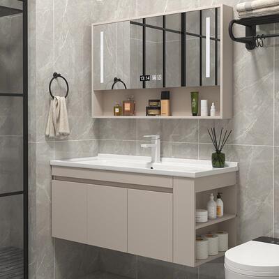 户实型木奶风浴室柜油组合54010宽44窄边一体陶小瓷盆卫生间洗漱