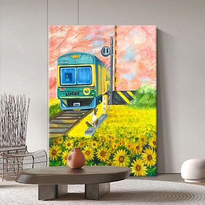 开往春天列车手绘油画小清新向日葵花海客厅装饰壁画玄关肌理挂画
