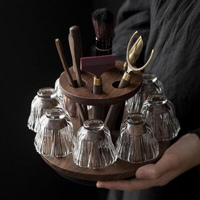 胡桃木茶道件君六子杯架式一体套装57250中高档茶杯收纳茶具配茶