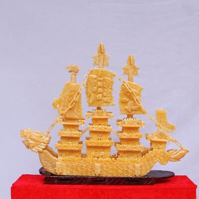 天然玉器一帆风顺黄玉80CM龙船工艺品办公室家居饰品米黄玉石摆件