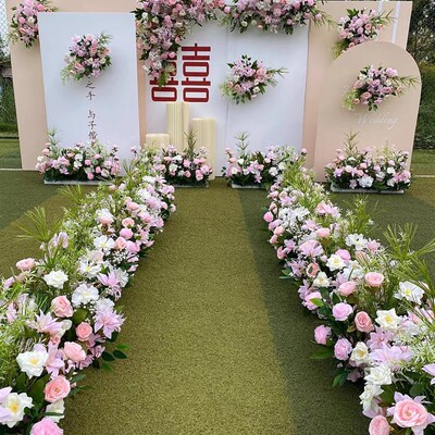 粉色婚庆仿真花婚礼花排背景地排花道具拐角花铁艺路引花点布置花