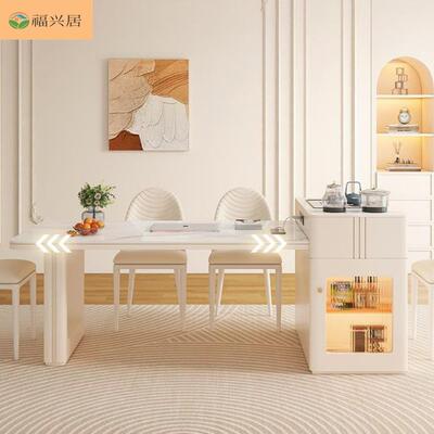 爆款奶油风伸缩台岩板茶餐桌一体餐桌椅奢家桌轻岛用101623现代小