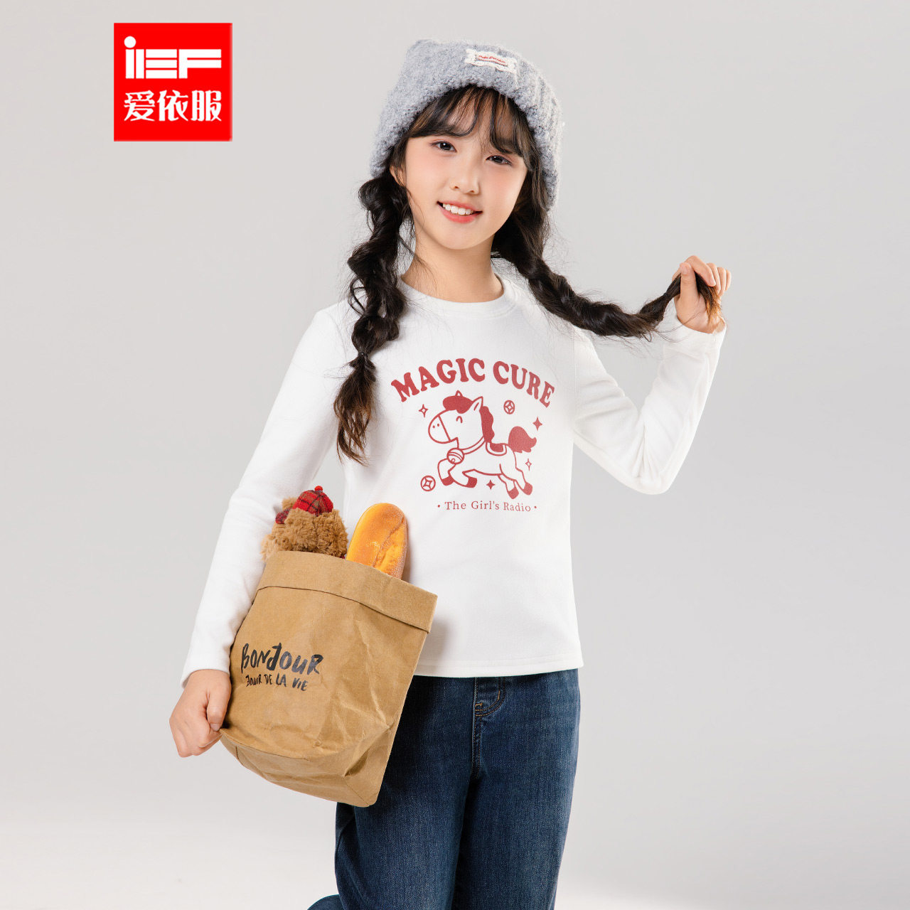 IEF/爱依服童装2025冬季新款长袖T恤女宝圆领卡通印花百搭打底衫