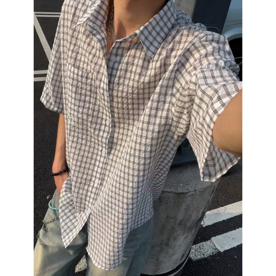 夏季轻薄透气慵懒风格子衬衫短袖男休闲复古情侣装美式格纹衬衣