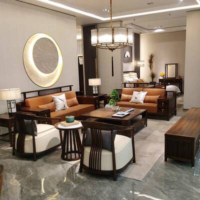 新中式乌16814金皮质沙发组合代简约别墅大户型现厅全实木客高端