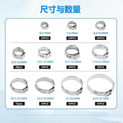 170pcs盒装不锈钢单耳无极卡箍1538-3.mm组合EHR装配.卡箍钳