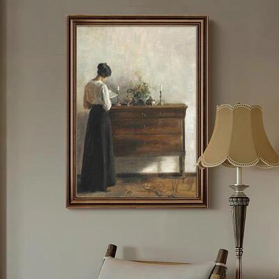 《读书女子与静物复花》古美式古组合FM772142装饰画法式中古风典