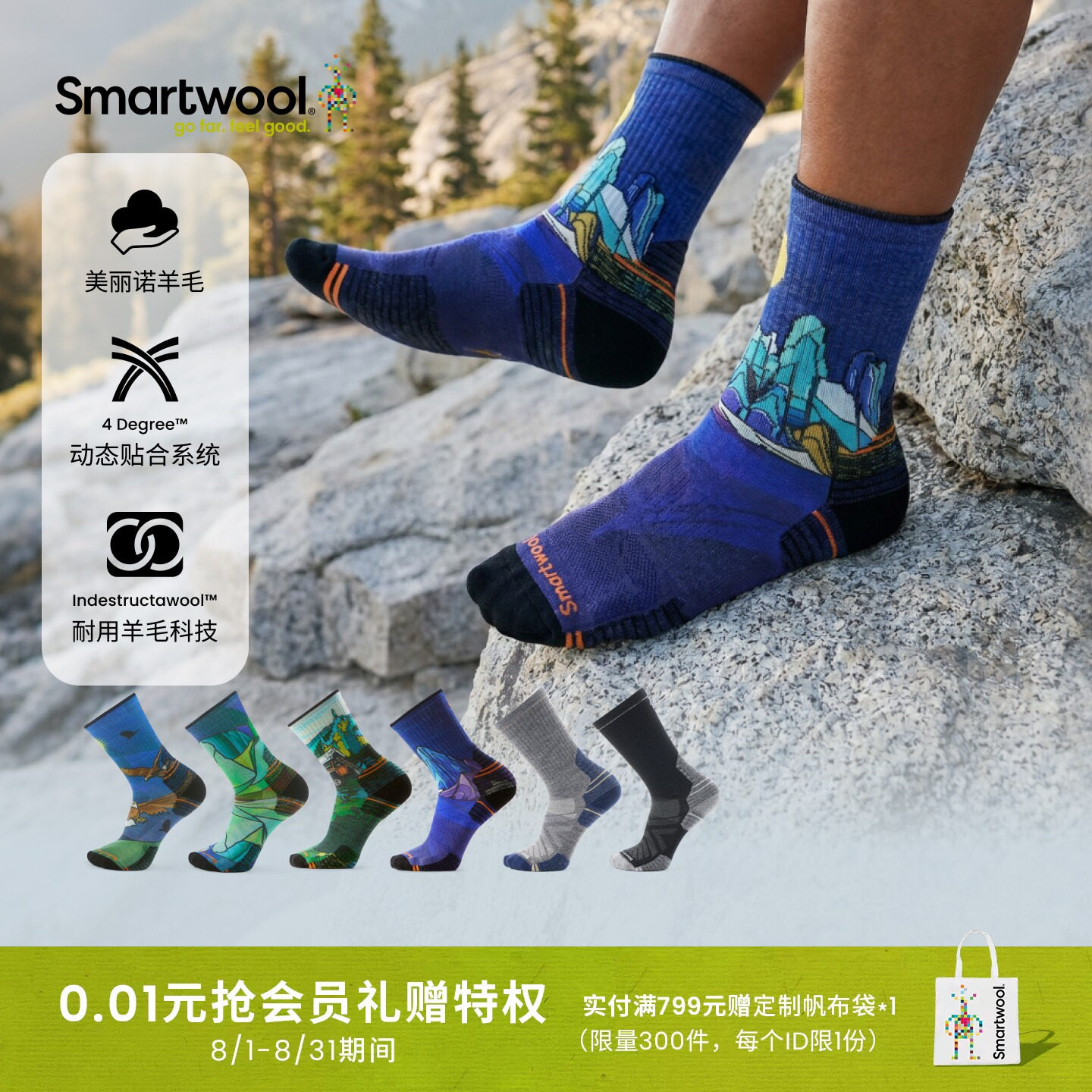 Smartwool美丽诺羊毛男女同款区域轻量减震中筒袜户外徒步运动