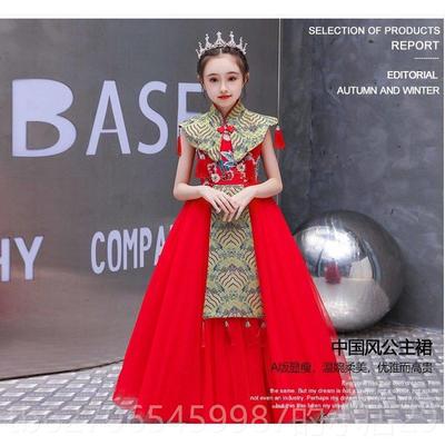 正品儿晚礼服端红色钢琴古高筝演奏服装女童大走童国潮中国秀演出