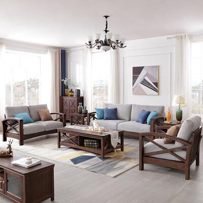 复洗古美式沙发26868橡纤胶木可全拆棉麻超皮木沙发茶几组合榫卯