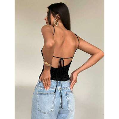 Women Tops Blouses Tee 性感交叉肩带金属扣装饰黑色植绒印花