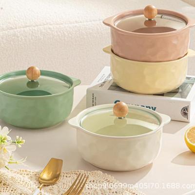 奶油碗碟套装陶瓷餐具学生泡面碗带盖微波炉家用双耳碗大号大容量