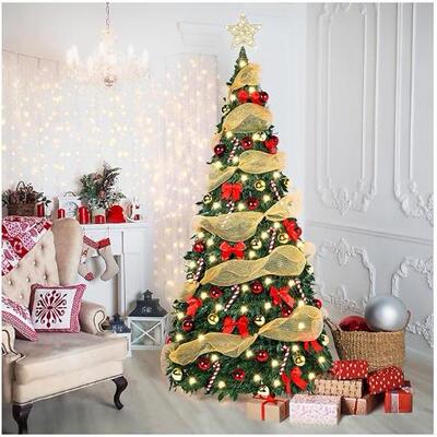 叠预置式圣诞树,品可折人造带树装饰,预装tl-10081饰有暖白灯,室