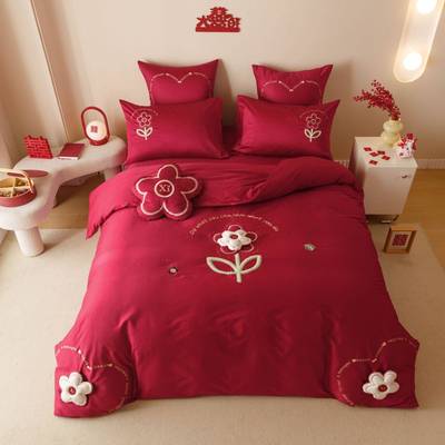 全棉婚JL1036家纺红四件套100支长绒色棉刺床绣盖款结婚庆床上用