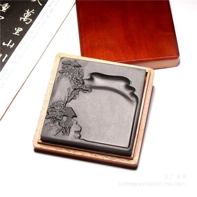 新款非遗安徽歙砚砚台山水砚房老坑天然原554石图文四宝绘用品