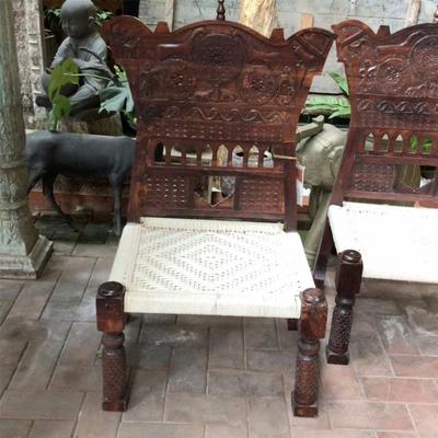 中古印度Pida椅高靠背实木雕花编织手工古董沙发椅子复古绳编椅子